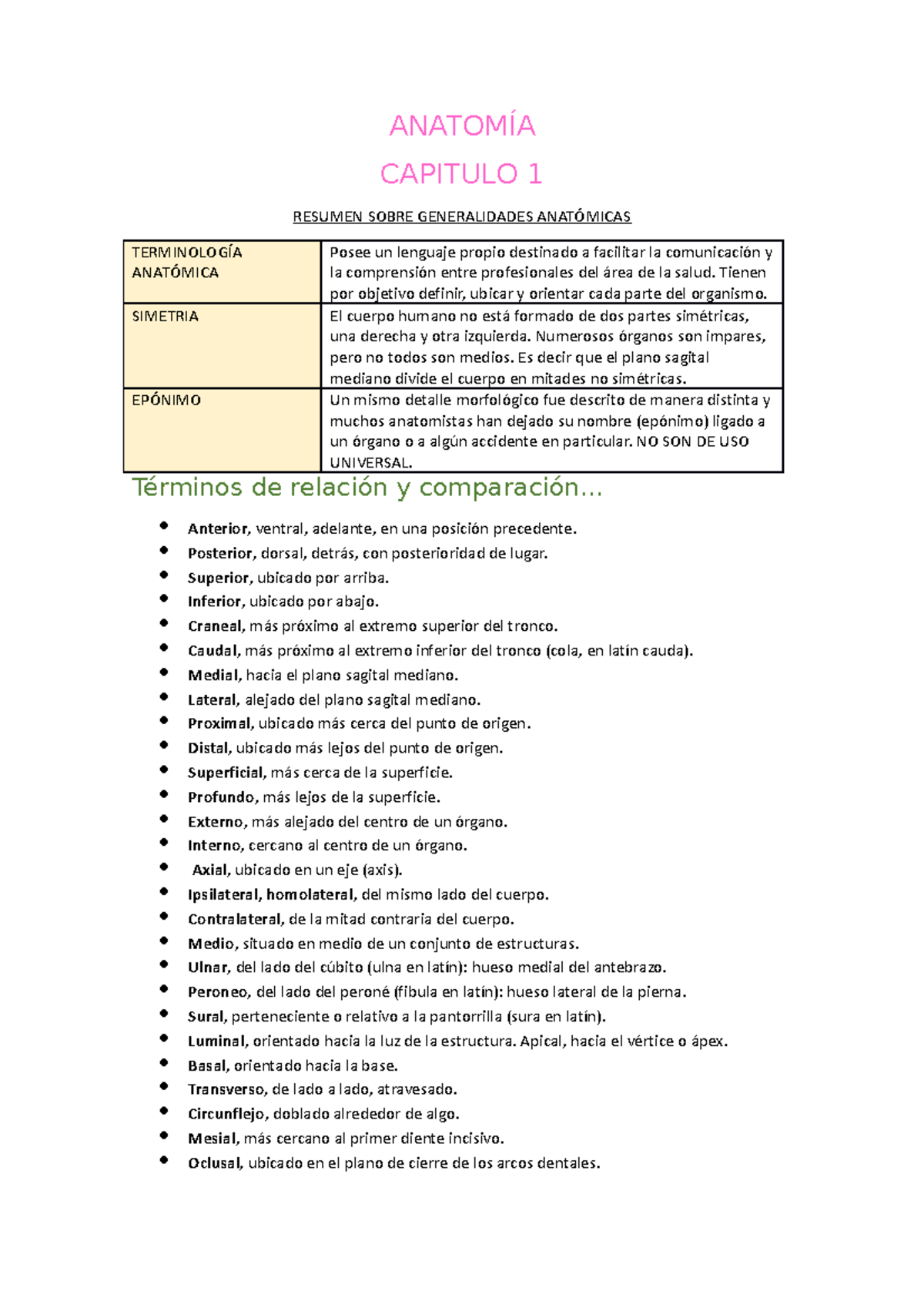 Anato GRAN Resumen - ANATOMÍA CAPITULO 1 RESUMEN SOBRE GENERALIDADES ANATÓMICAS TERMINOLOGÍA ...