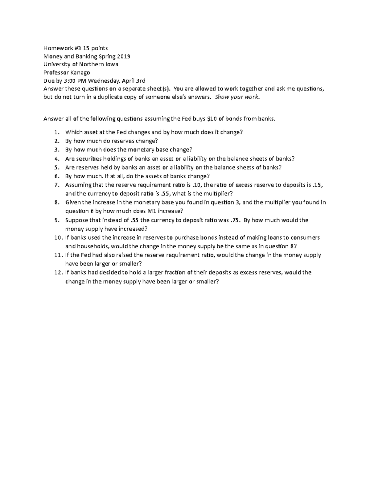 Homework 3 - Money and Banking - Homework #3 15 points Money and ...