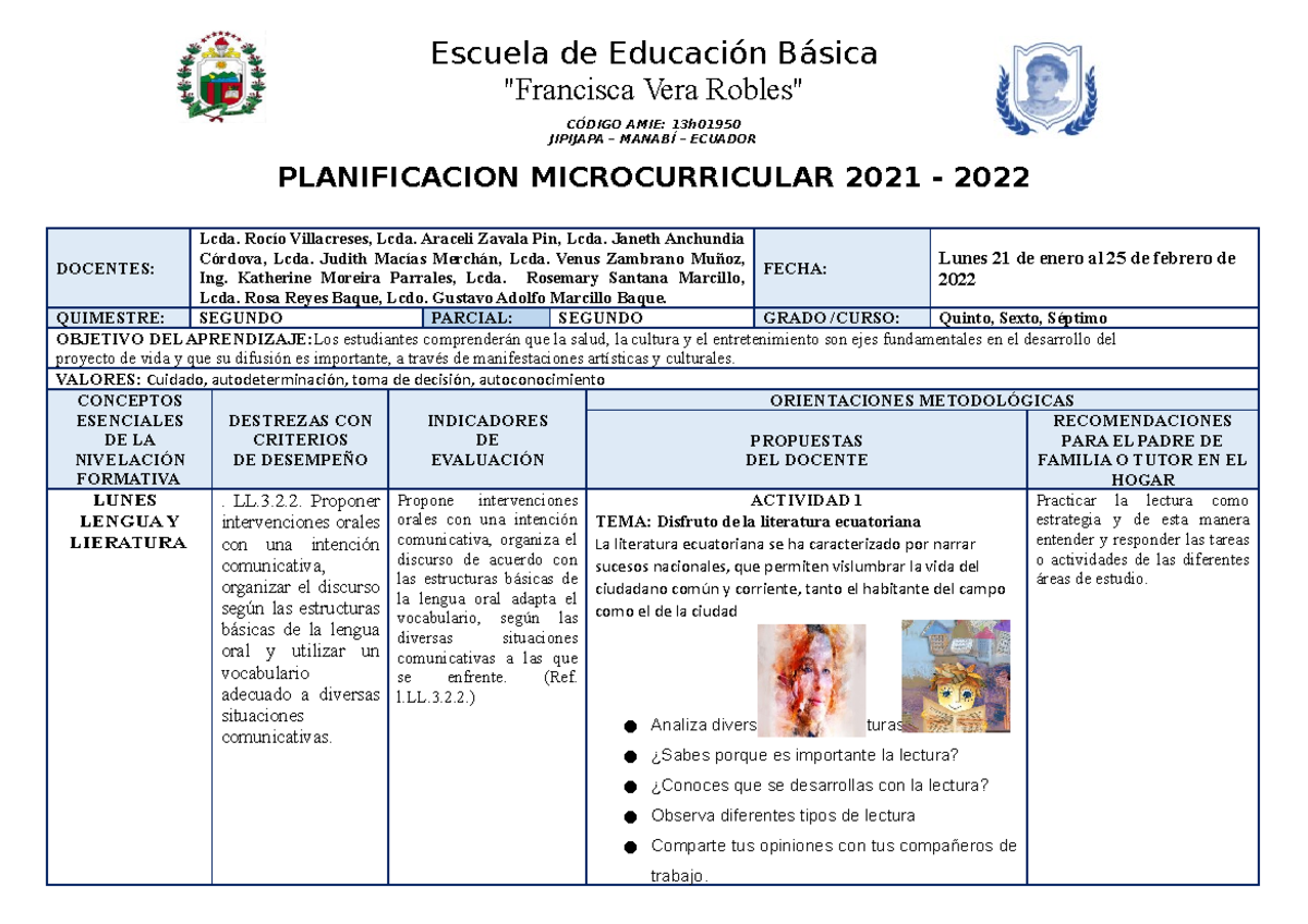 19.- Planificacion Micro Semana para las clases de colegio - "Francisca Vera Robles" - Studocu
