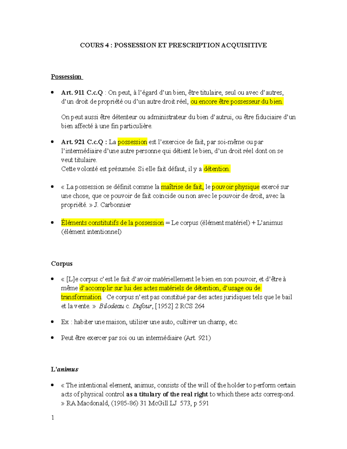 Cours 4 - Notes de cours - COURS 4 : POSSESSION ET PRESCRIPTION ...