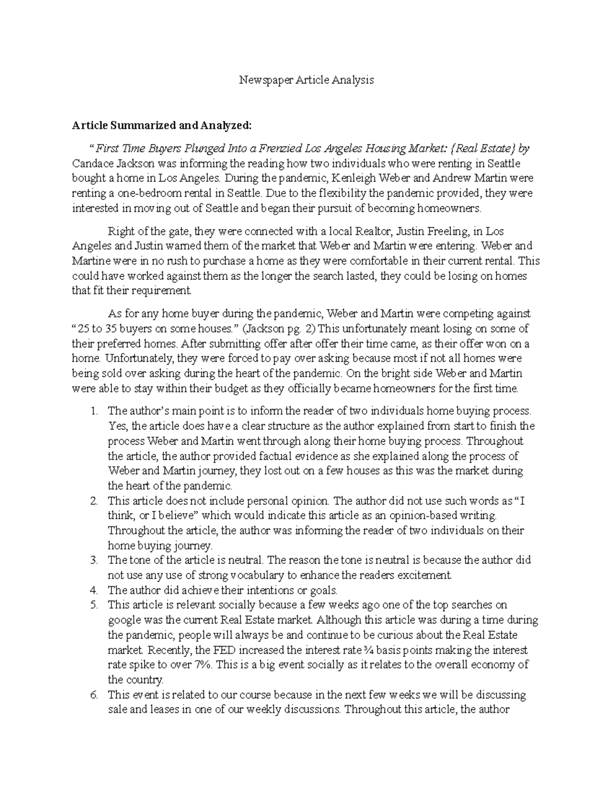 BULA Project 1 - Newspaper Article Analysis Article Summarized and ...