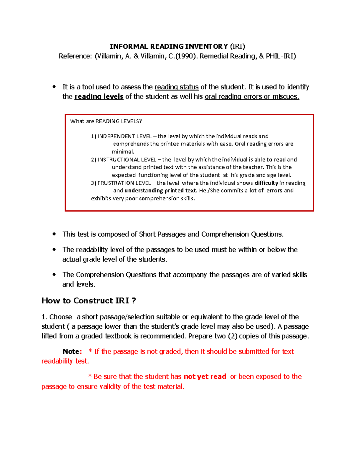 Informal Reading Inventory IRI updated - INFORMAL READING INVENTORY ...