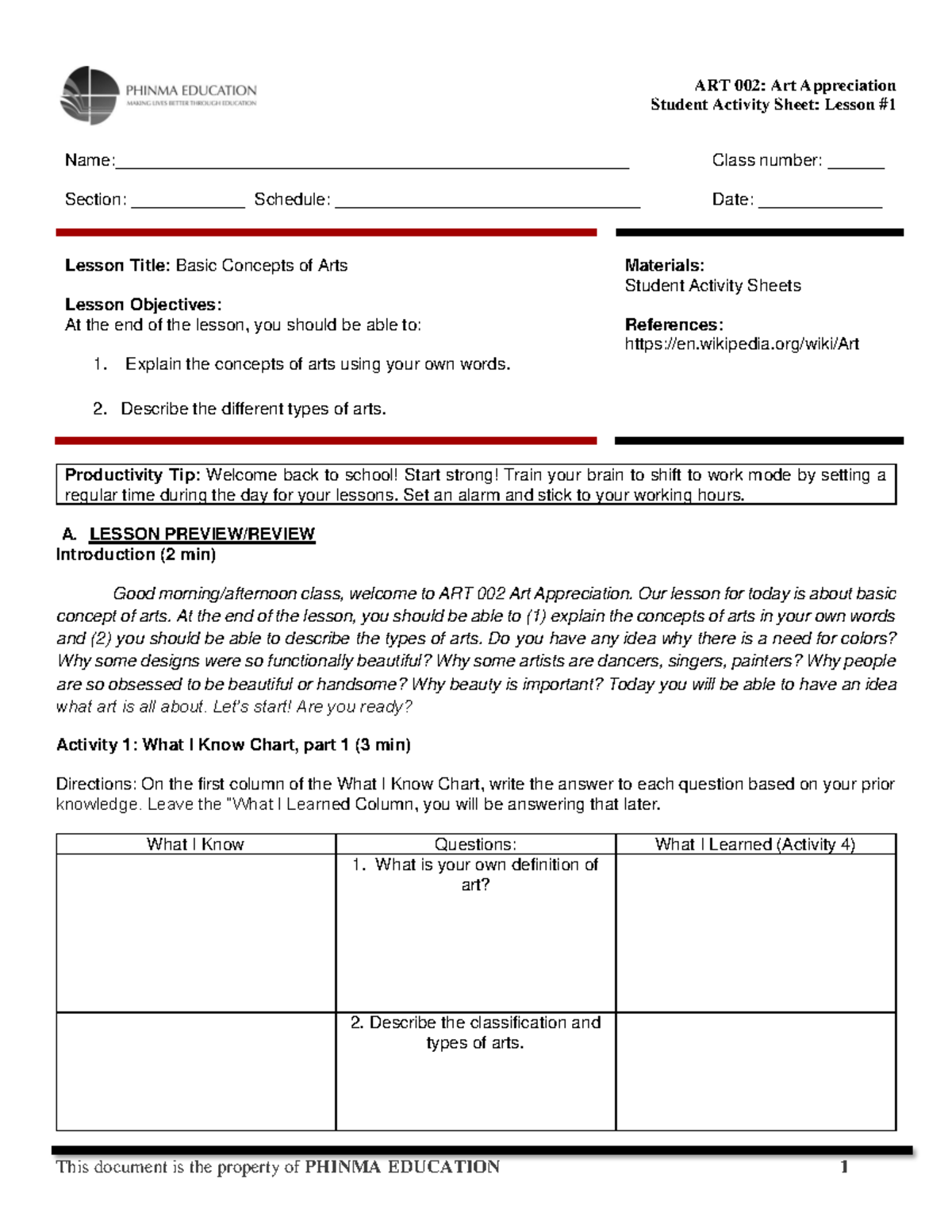SAS# 1 - ART 002 - Lesson Title: Basic Concepts of Arts Lesson ...
