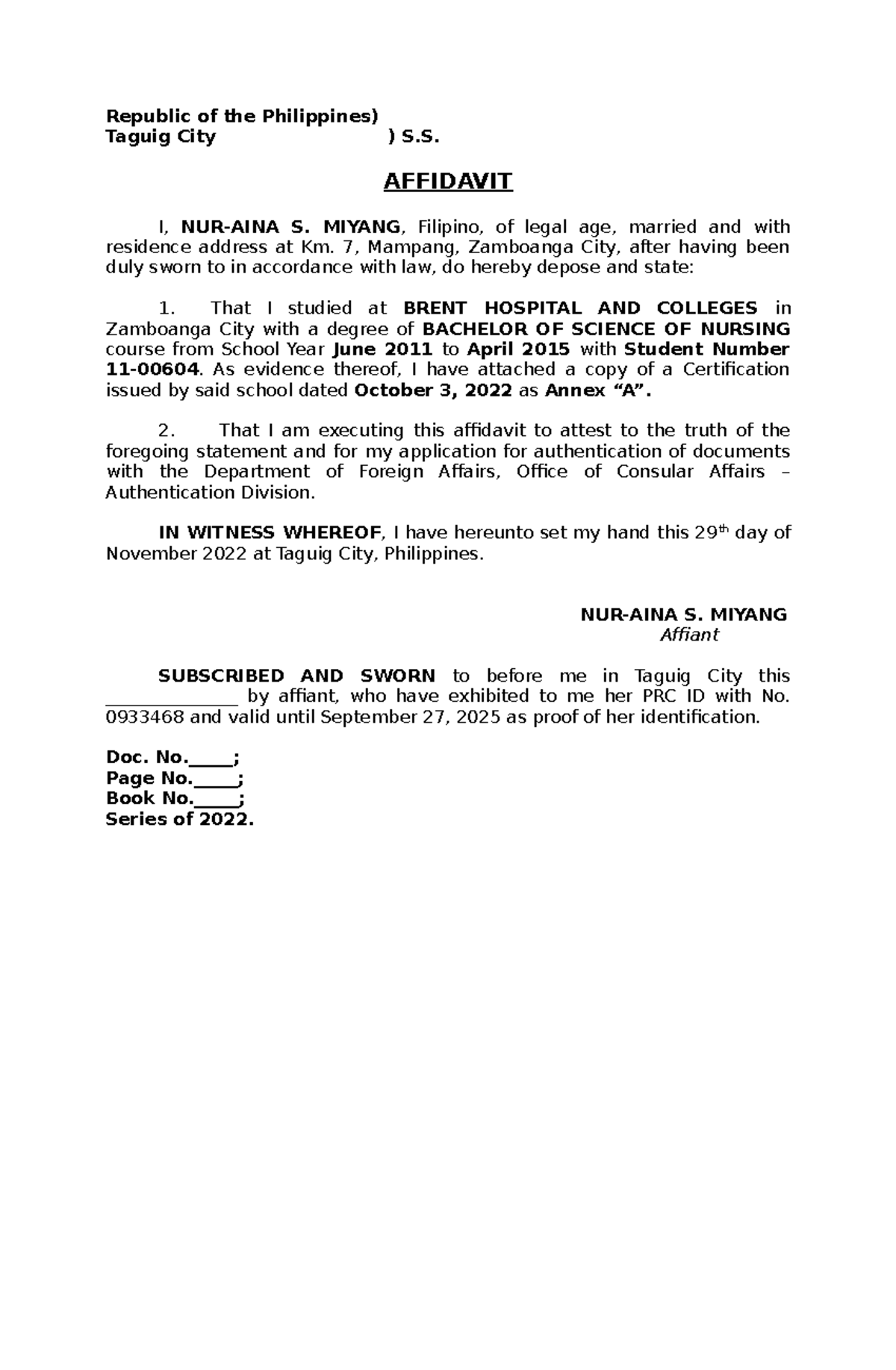 Affidavit for CANA - Nur-Aina Miyang - Republic of the Philippines ...