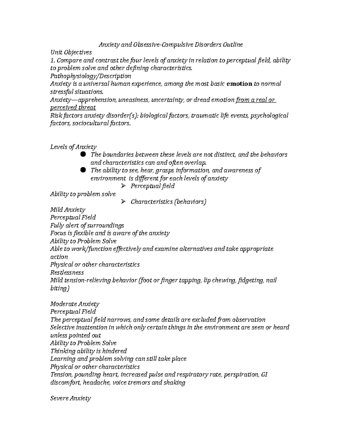 Anxiety and Obsessive-Compulsive Disorders Outline - Pathophysiology ...