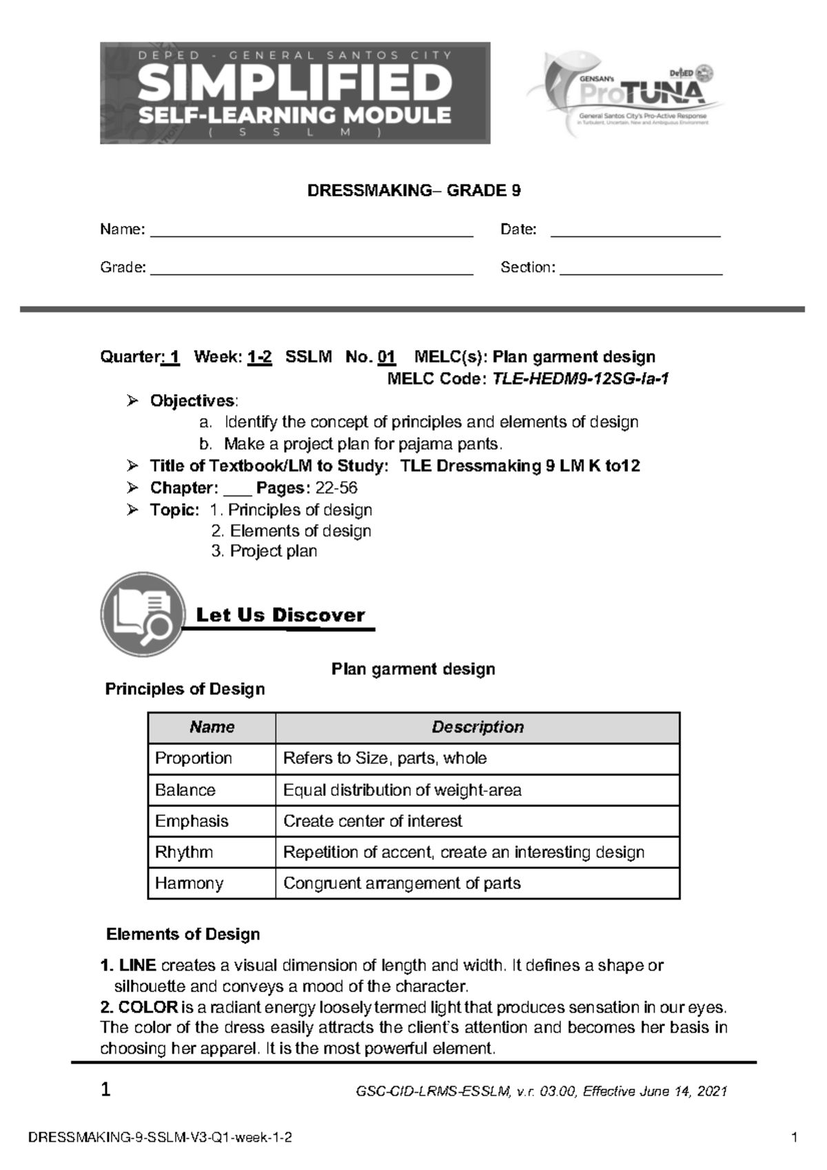 Dressmaking 9 Weeks 1 7 1 GSC CID LRMS ESSLM V 03 Effective June