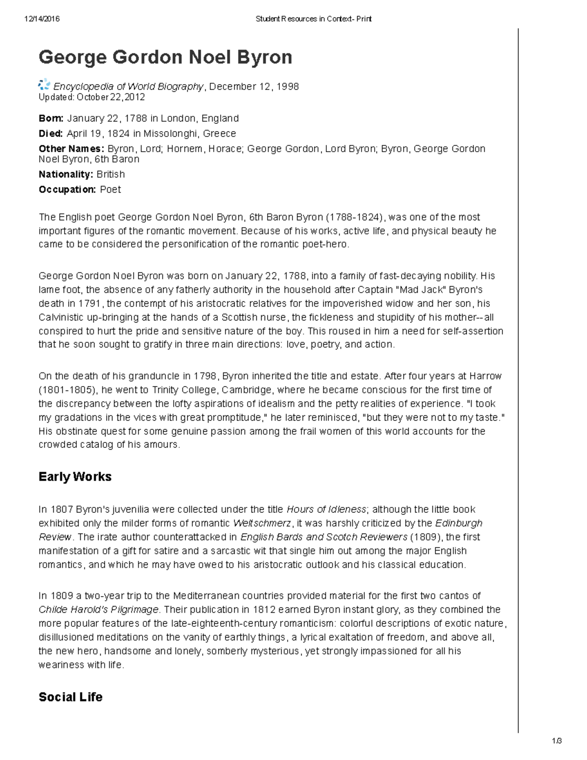 Lord byron bio - B's English literature - 12/14/2016 Student Resources ...