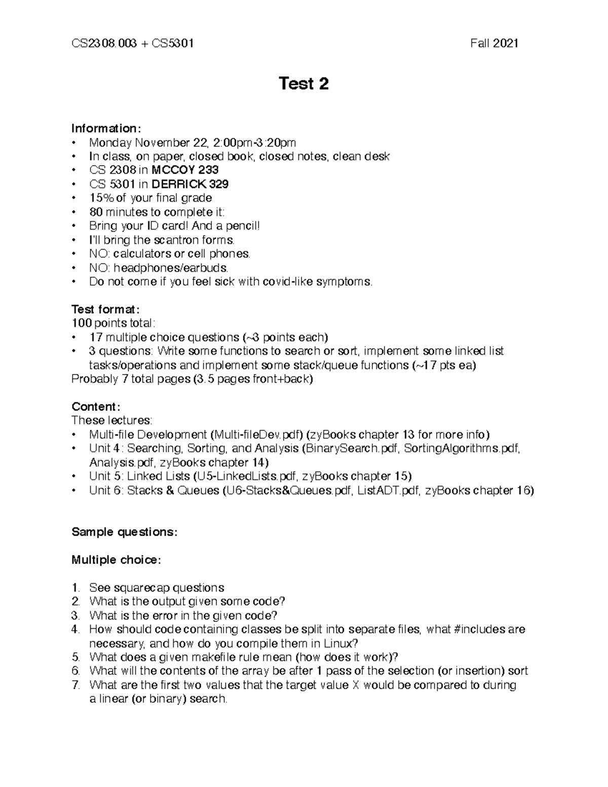 Test2 - Test review - CS 2308 - TXST - Studocu