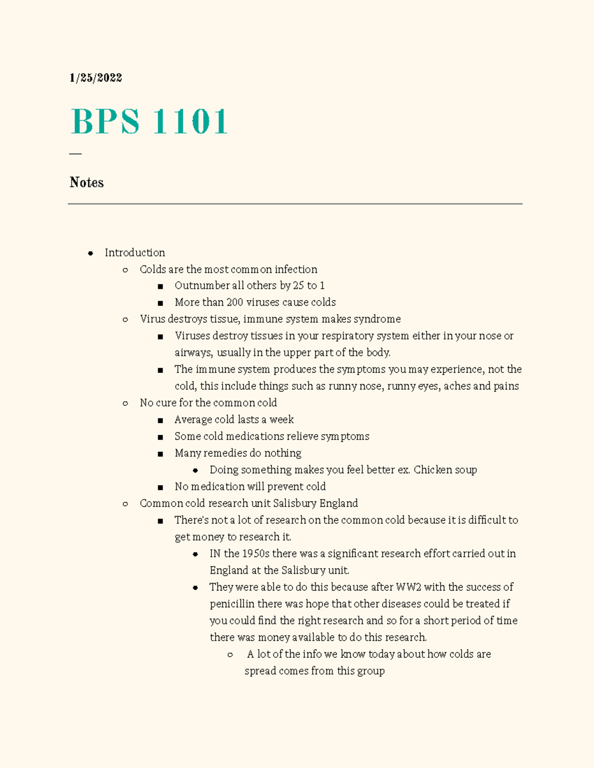 BPS Colds PDF - BPS cold PDf - 1/25/ BPS 1101 ___ Notes Introduction ...