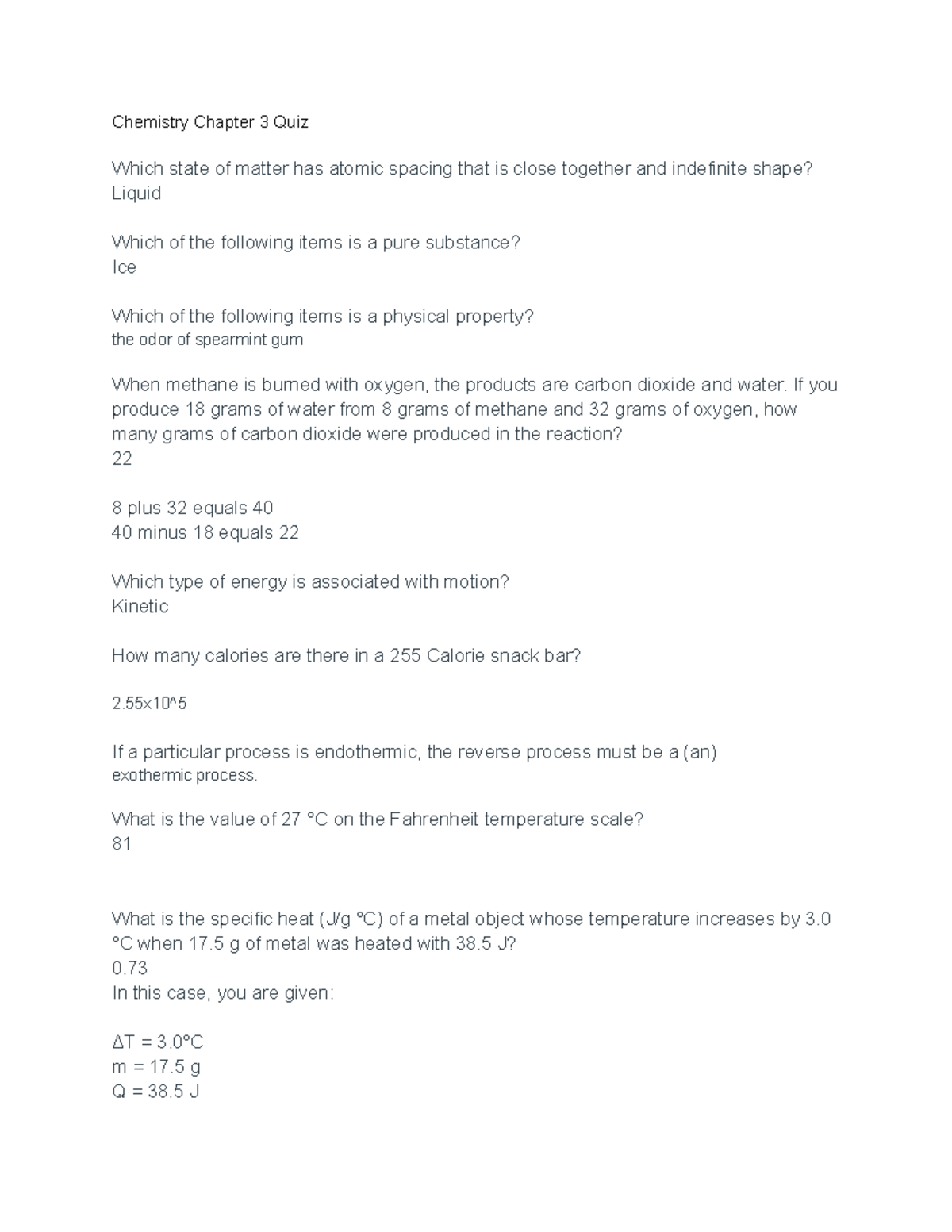 Chapter 3 Quiz - quiz - Chemistry Chapter 3 Quiz Which state of matter ...