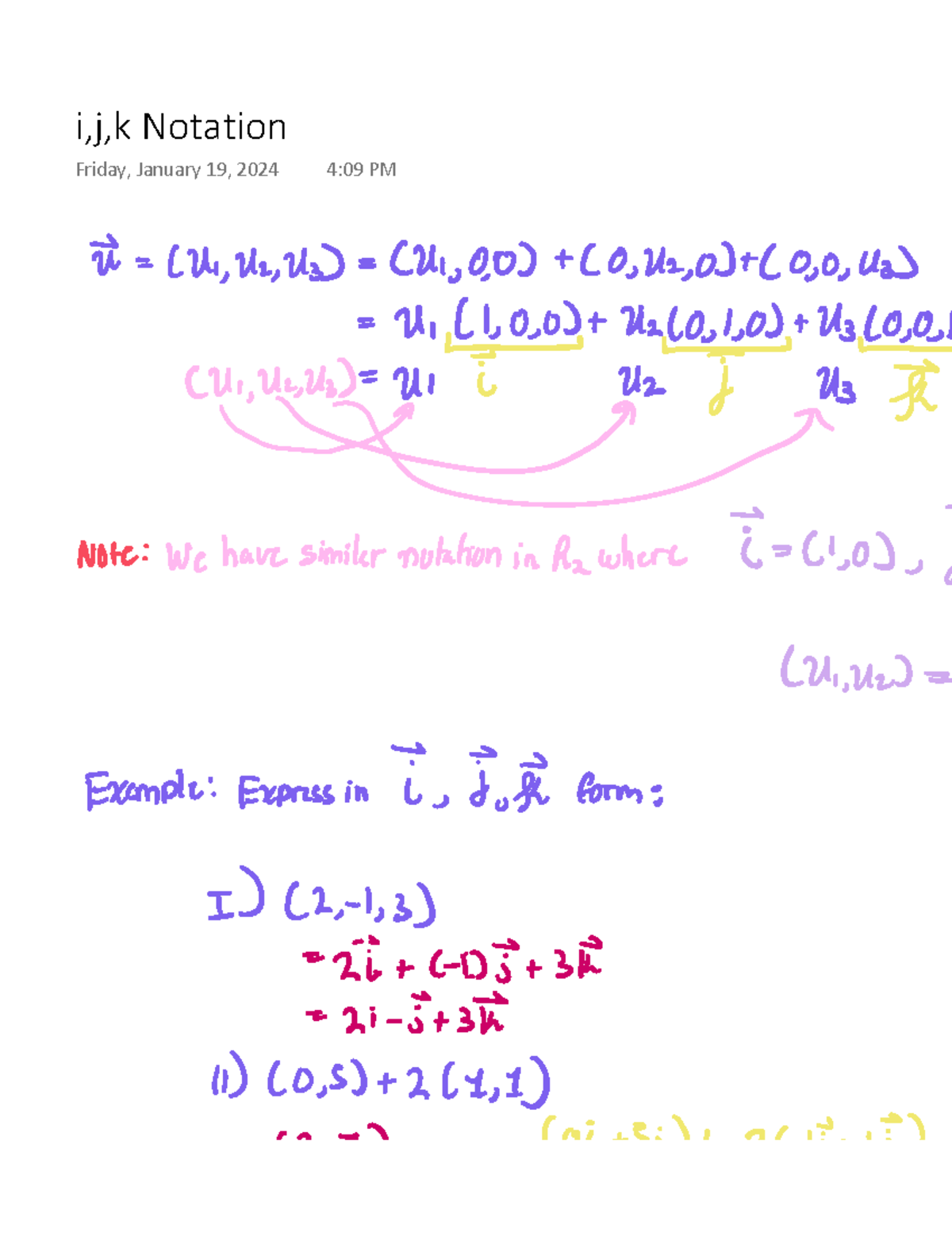 I,j,k Notation - lectures week 1 to 2 - i,j,k Notation Friday, January 19, 2024 4:09 PM u ...