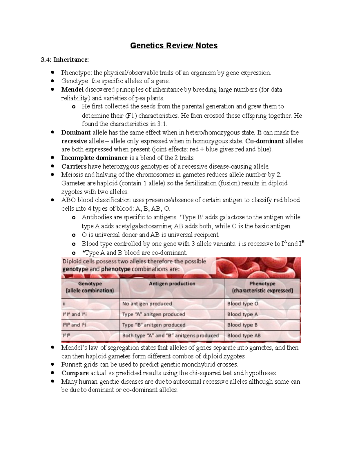Genetics Review Notes - Genotype: the specific alleles of a gene ...