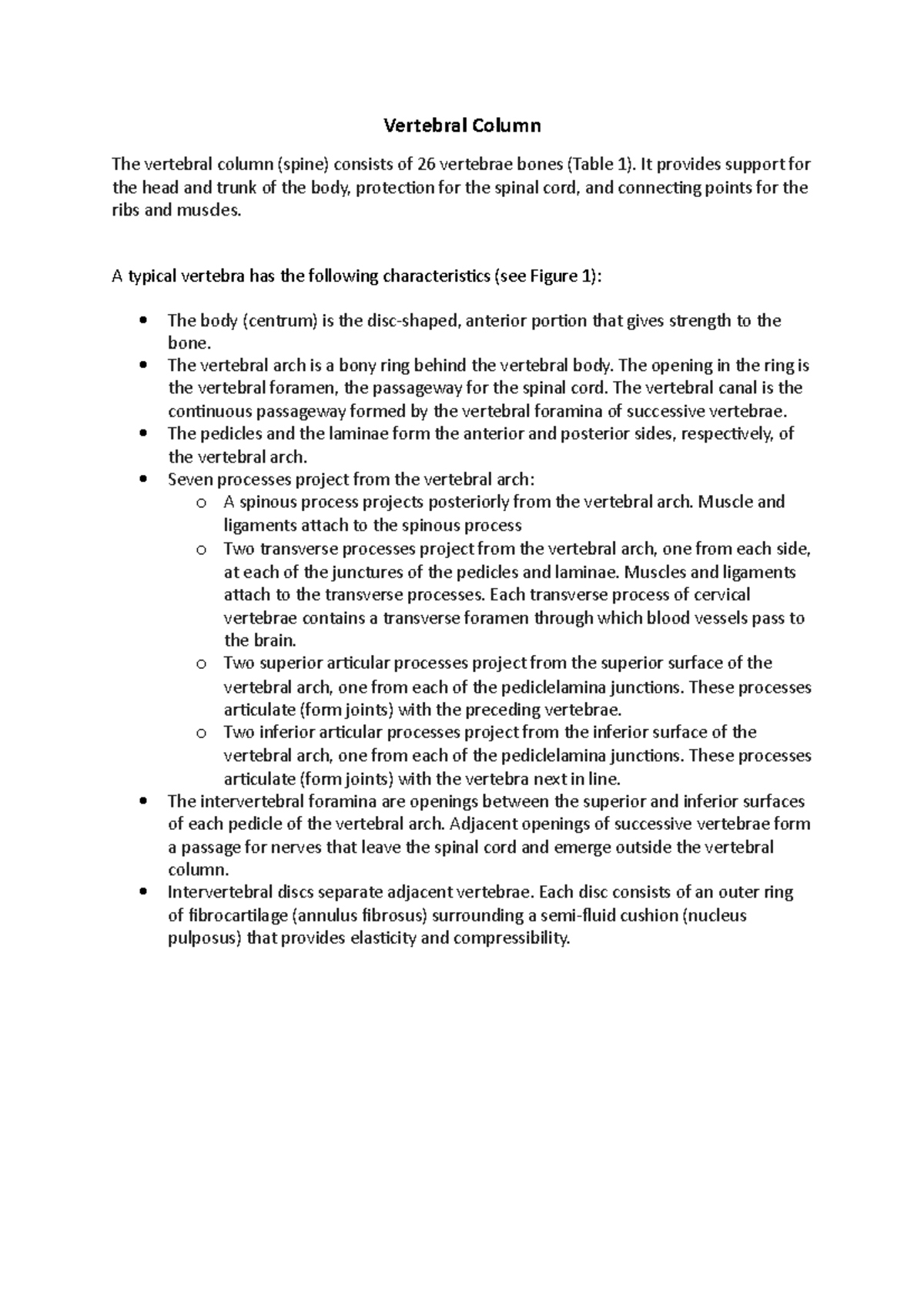 Vertebral Column - lecture notes - Vertebral Column The vertebral ...