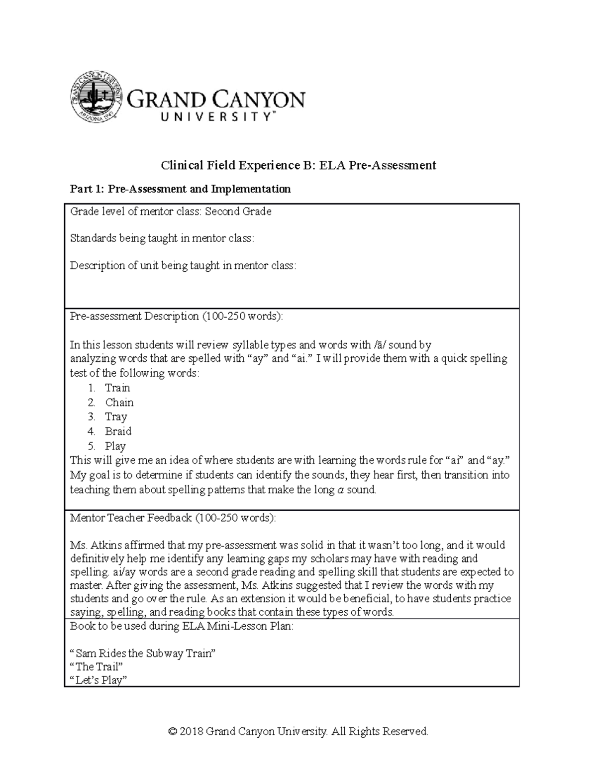ELM-580-Clinical Field Experience B ELA Pre Assessment - Clinical Field Experience B: ELA - Studocu