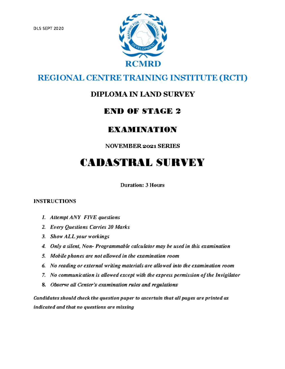 28 Cadastral Survey - DLS SEPT 2020 - DLS SEPT 2020 REGIONAL CENTRE ...
