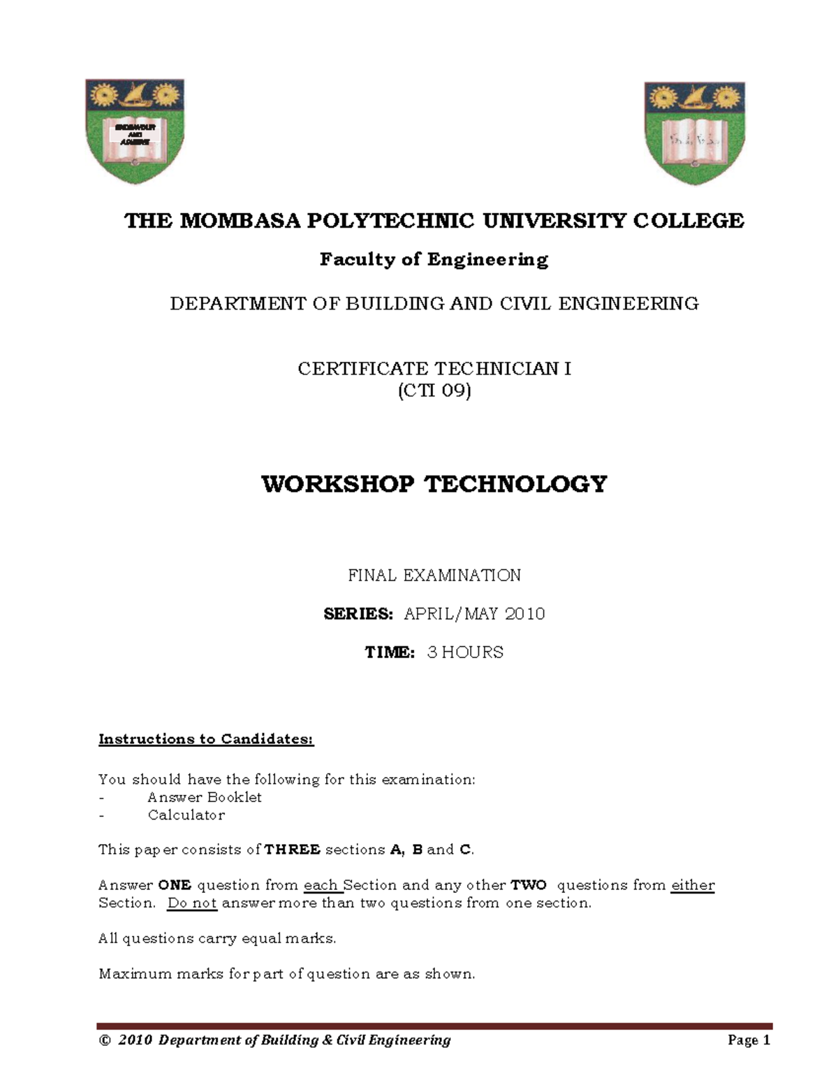 Workshop Technology - 1 CT1 09 - THE MOMBASA POLYTECHNIC UNIVERSITY ...
