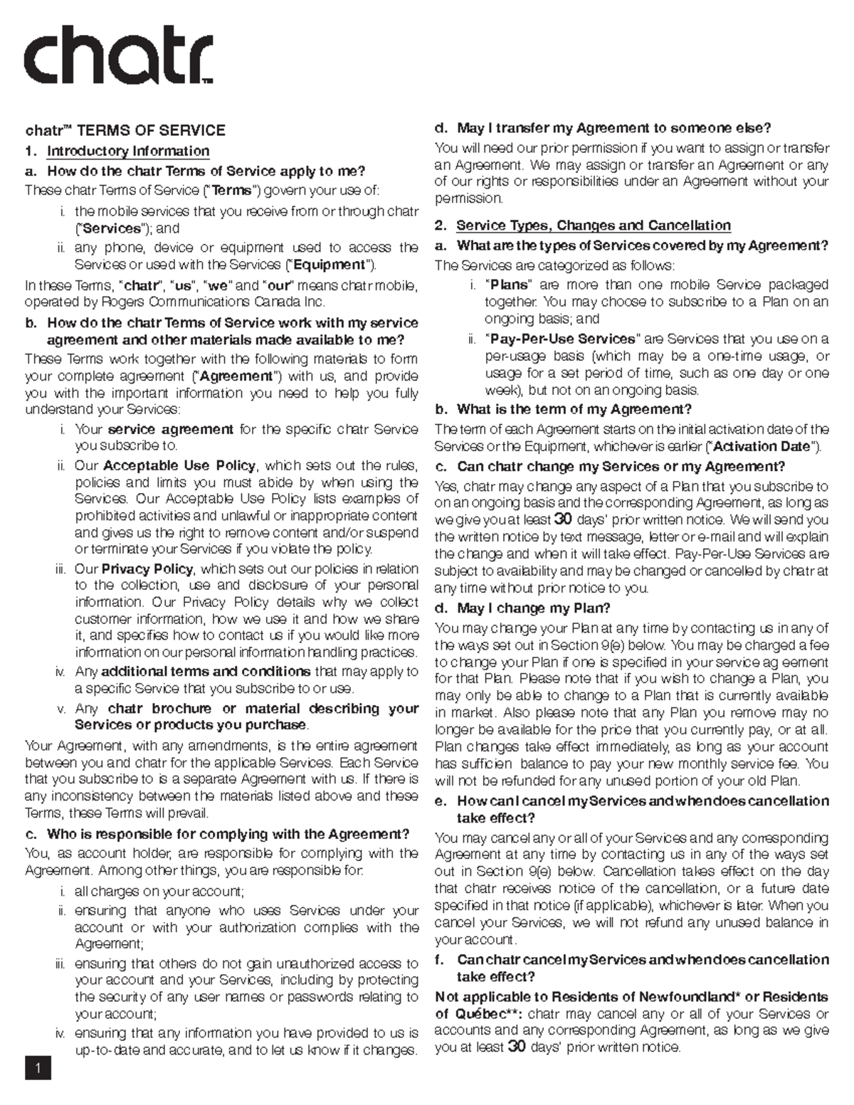 Chatr Terms of Service - chatrTM TERMS OF SERVICE Introductory ...