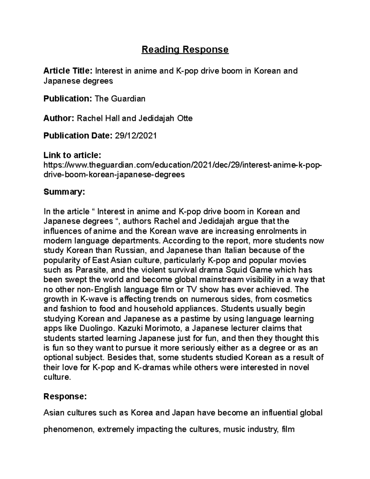 Reading Response - ref - Reading Response Article Title: Interest in ...