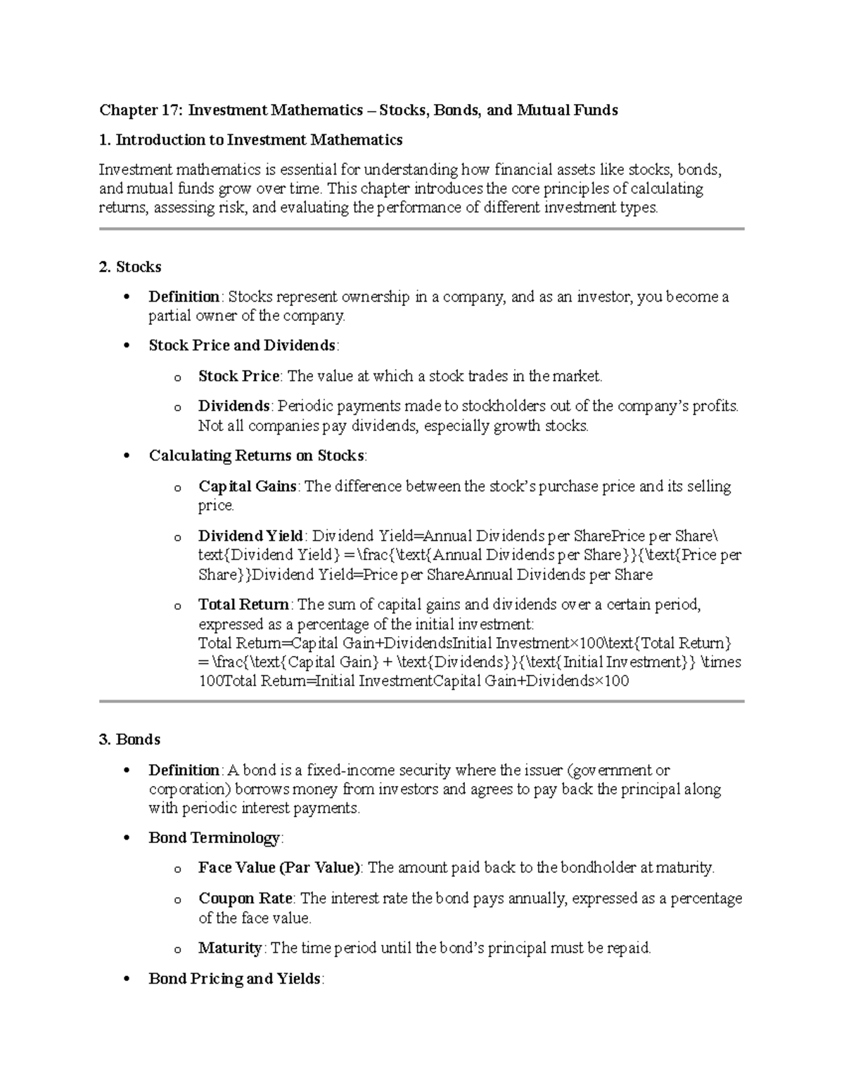 Chapter 17: Investment Mathematics – Stocks, Bonds, and Mutual Funds ...