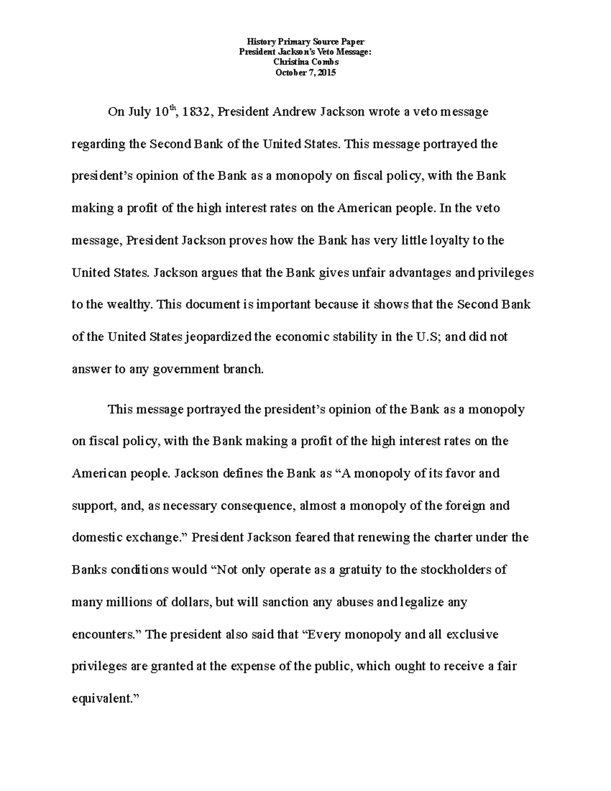Primary Source paper History - President Jackson’s Veto Message:History ...