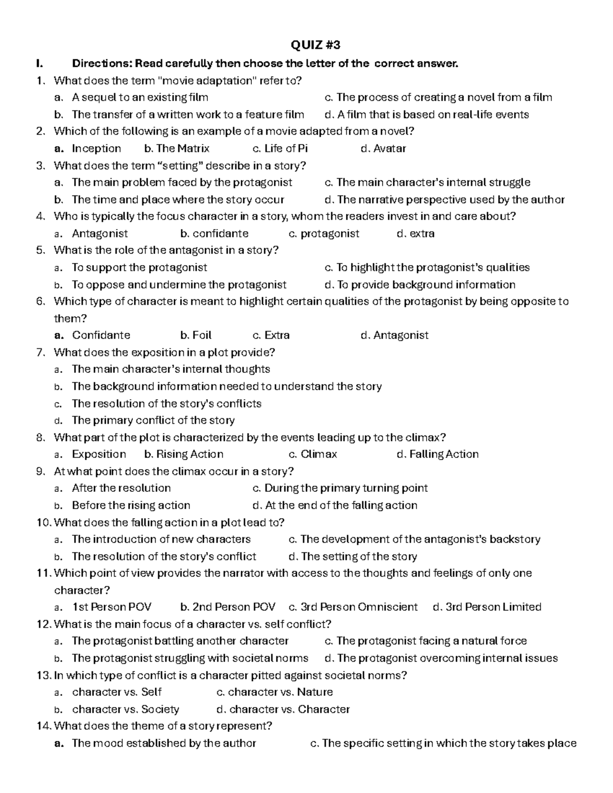 English 10 Quiz #3 - QUIZ I. Directions: Read carefully then choose the ...