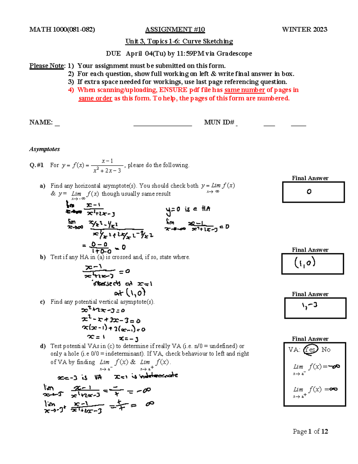 Written A - Very helpful - MATH 1000(081-082) ASSIGNMENT #10 WINTER ...