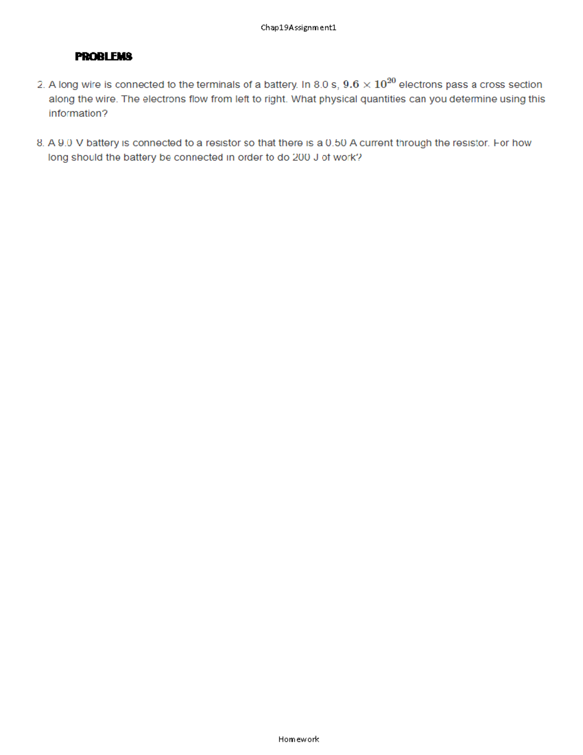 Chap19Assignment 1 - Chapter 19 homework assignment 1 - Chap19Assignment PROBLEMS Homework ...