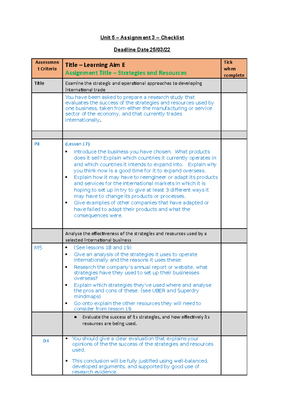 Assignment checklist A3 2022 - Unit 5 – Assignment 3 – Checklist ...