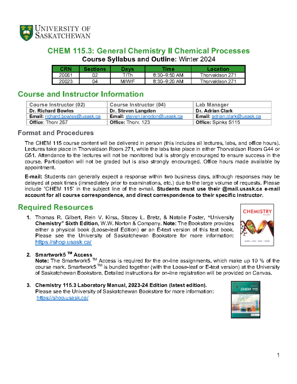 CHEM 115 - Winter 2024 Course Syllabus and Calendar-2 - CHEM 115: General Chemistry II Chemical ...