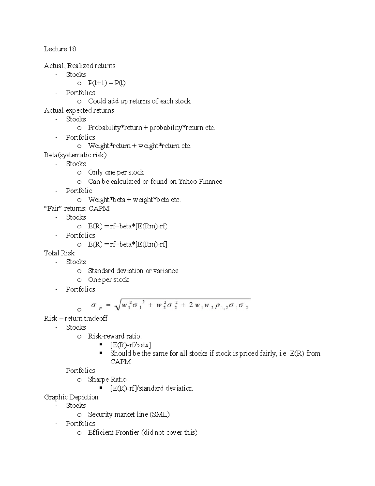 Lecture 18 - Class 18 Notes - Lecture 18 Actual, Realized returns ...