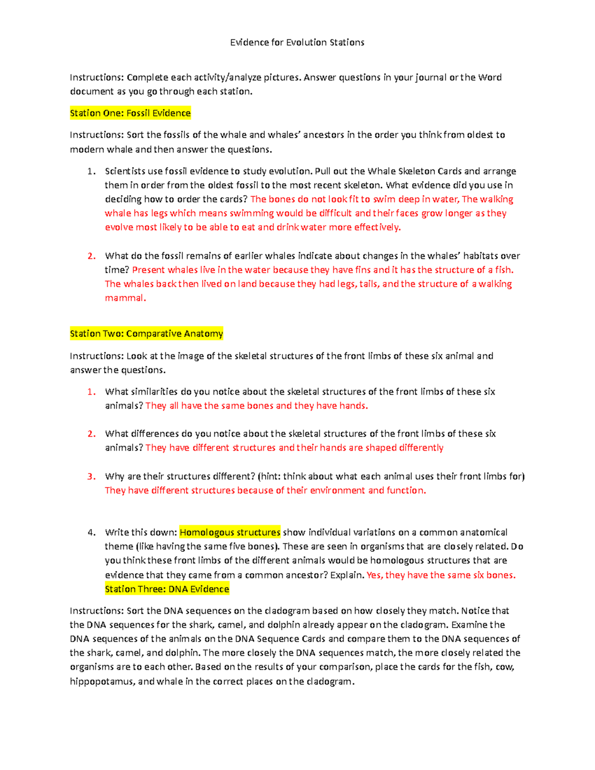 Evidence of Evolution Stations Virtual - Evidence for Evolution ...