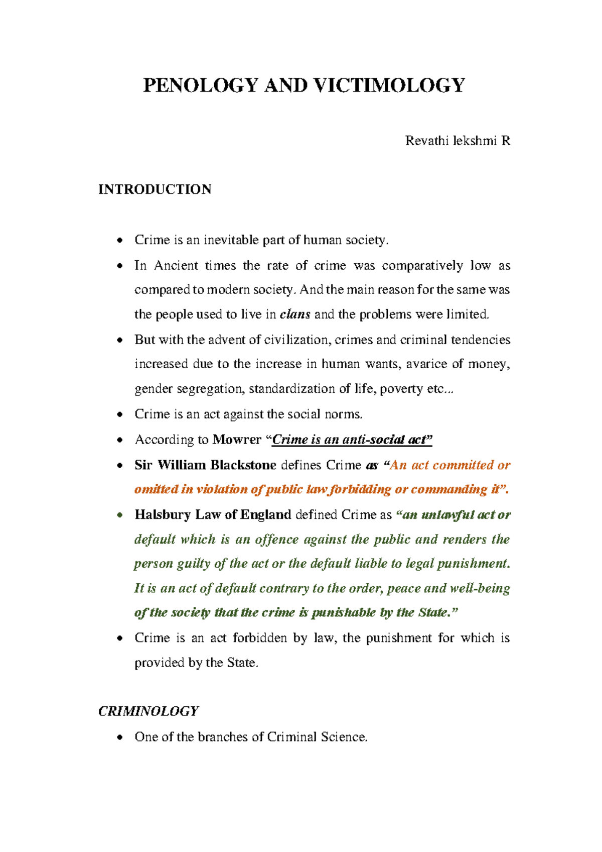 P&V Notes-2 - PENOLOGY AND VICTIMOLOGY Revathi lekshmi R INTRODUCTION ...