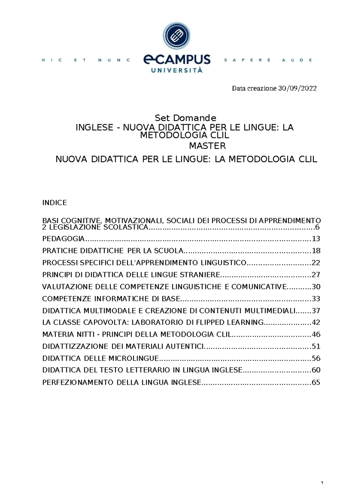 Set domande esame finale clil - Data creazione 30/09/ Set Domande INGLESE - NUOVA DIDATTICA PER ...