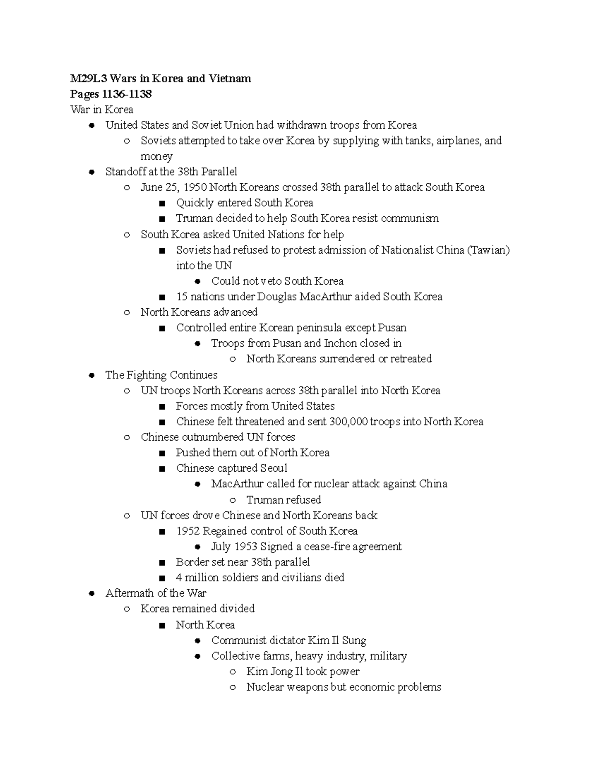 M29L3 - honors world reading notes - M29L3 Wars in Korea and Vietnam ...