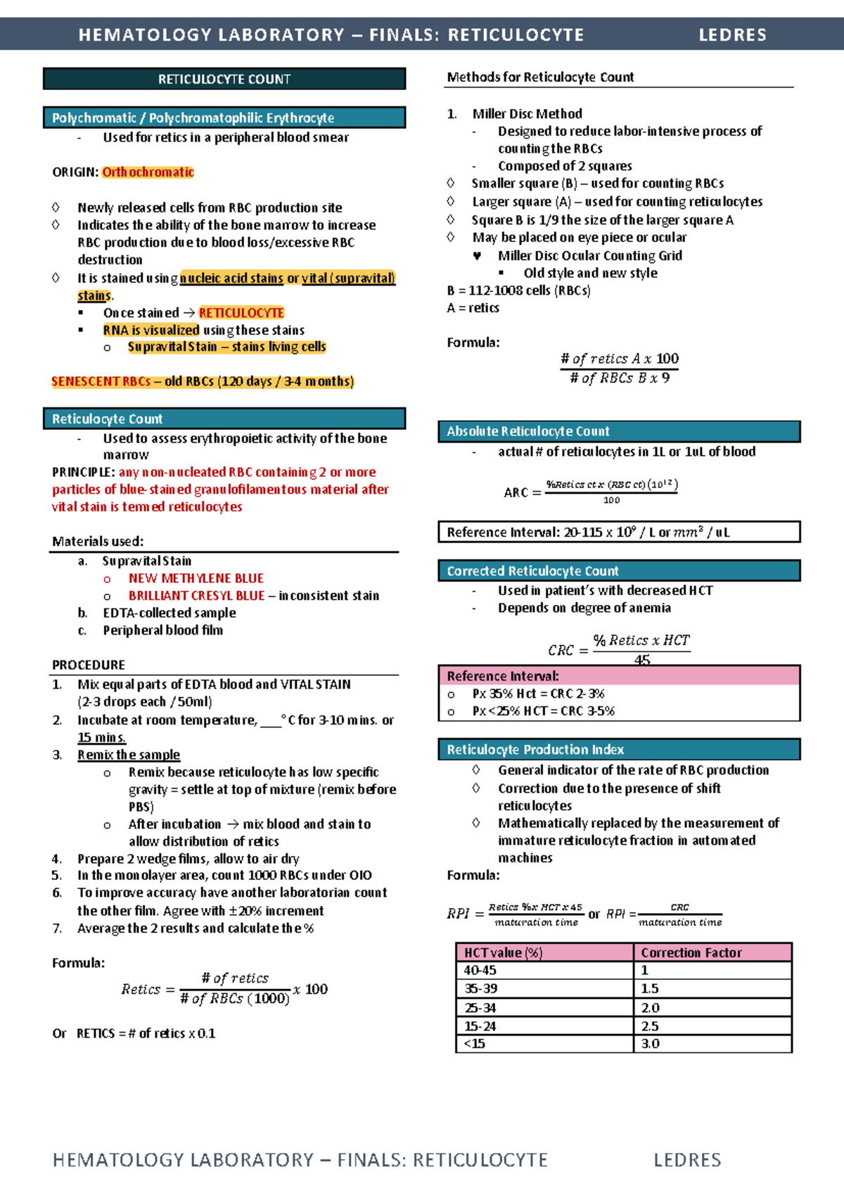 Retics lecture transes - HEMATOLOGY LABORATORY – FINALS: RETICULOCYTE ...