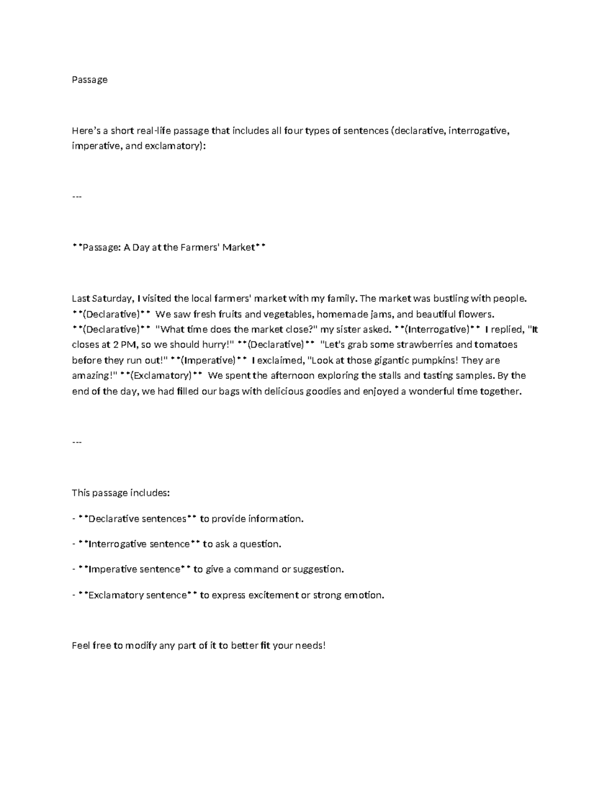 Passage containing 4 types of sentences according to use - Passage Here ...