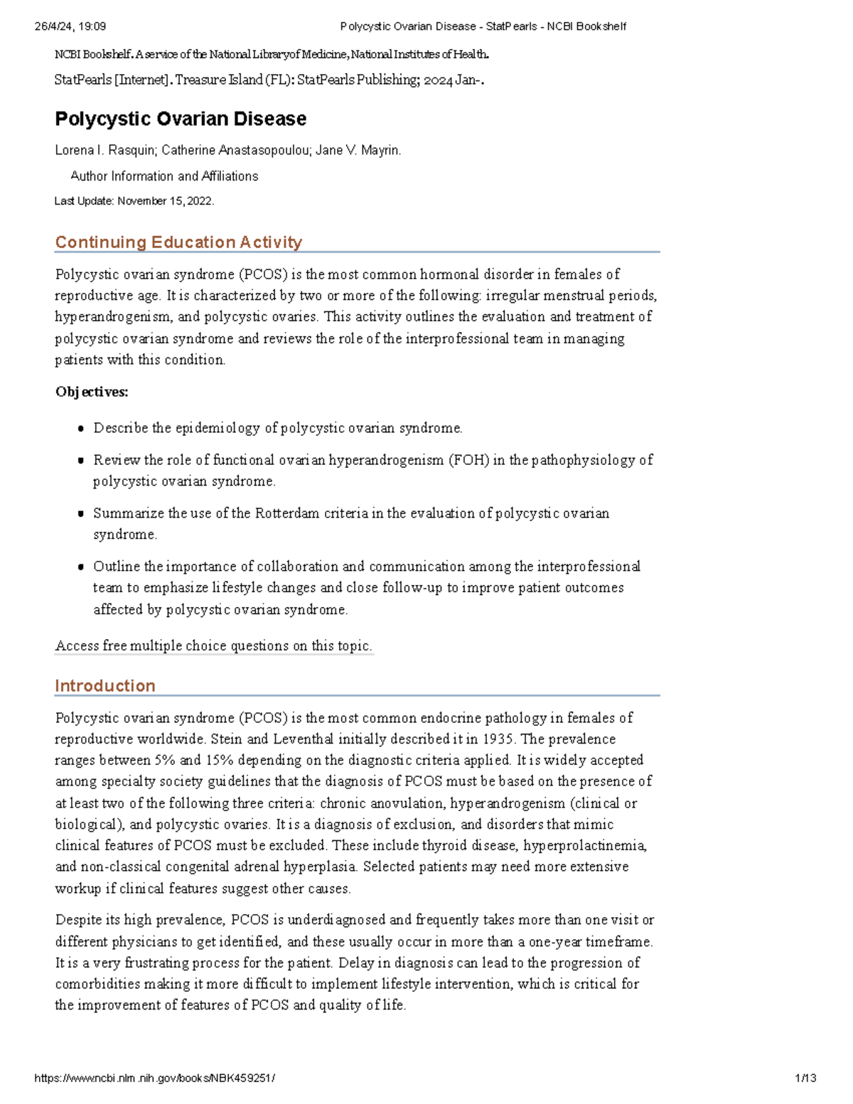 Polycystic Ovarian Disease - Stat Pearls - NCBI Bookshelf - NCBI ...