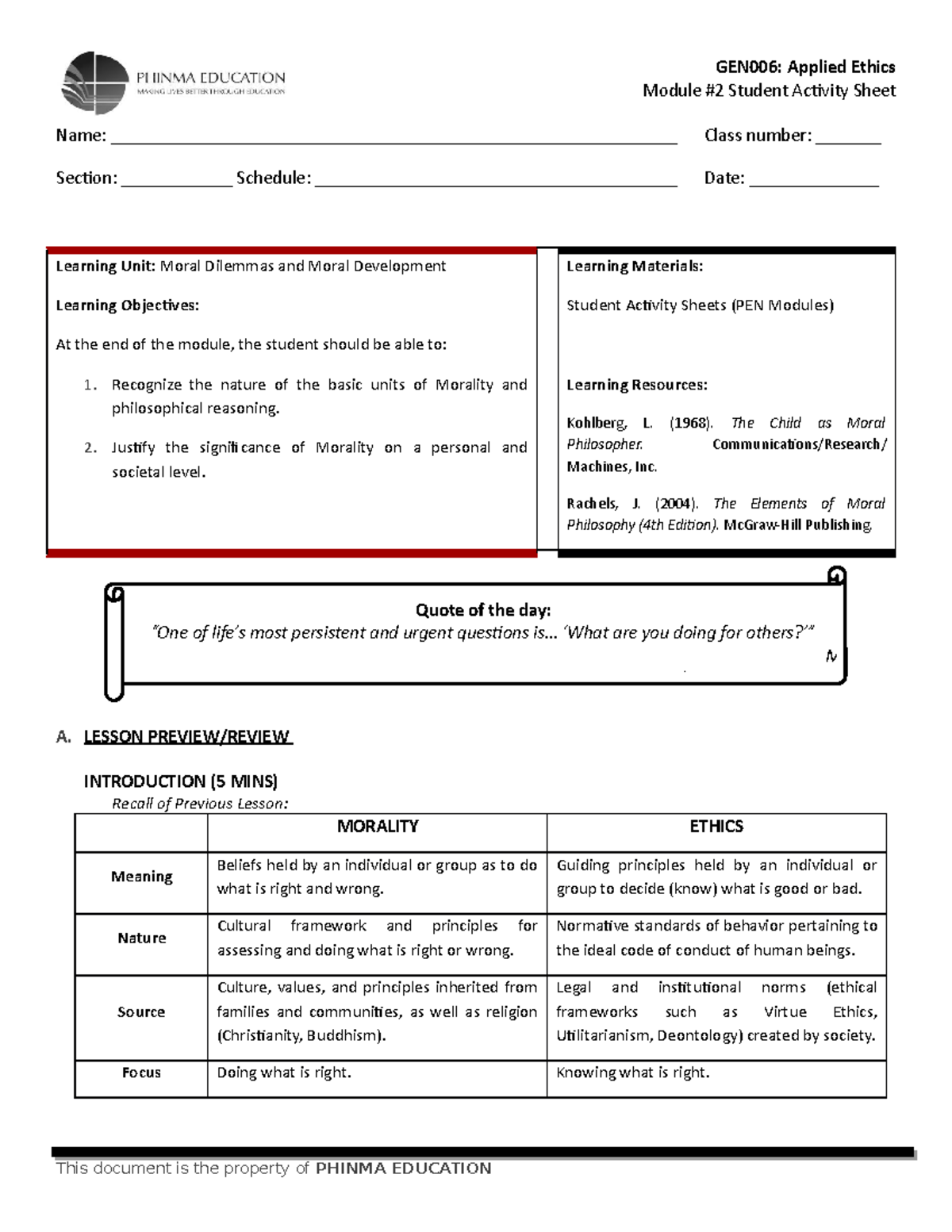 SAS2 Moral Dilemmas AND Moral Development - GEN006: Applied Ethics ...
