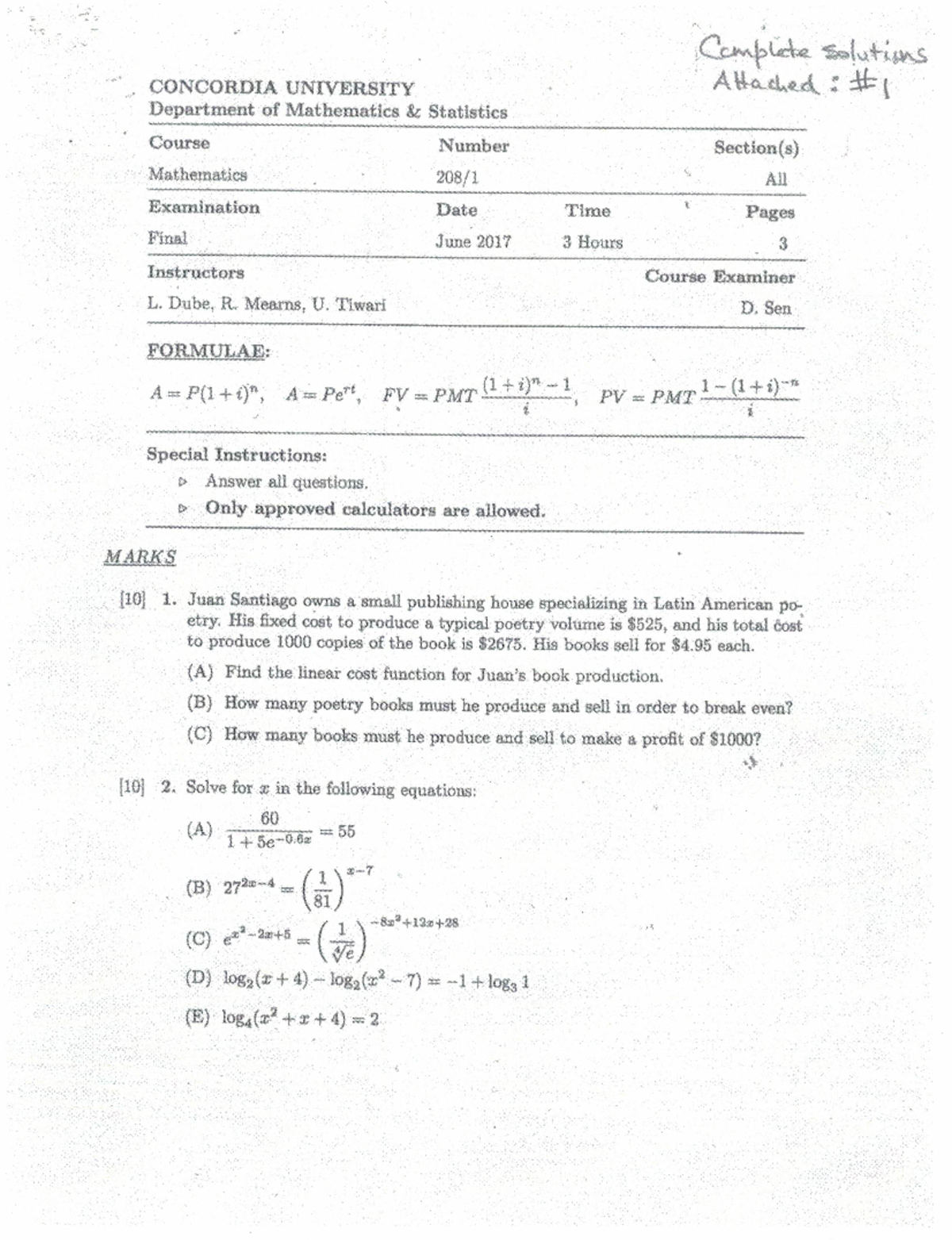 MATH 208 Final Exam Sample (June 2017 ) - Complete solutions CONCORDIA UNIVERSITY Attached ...