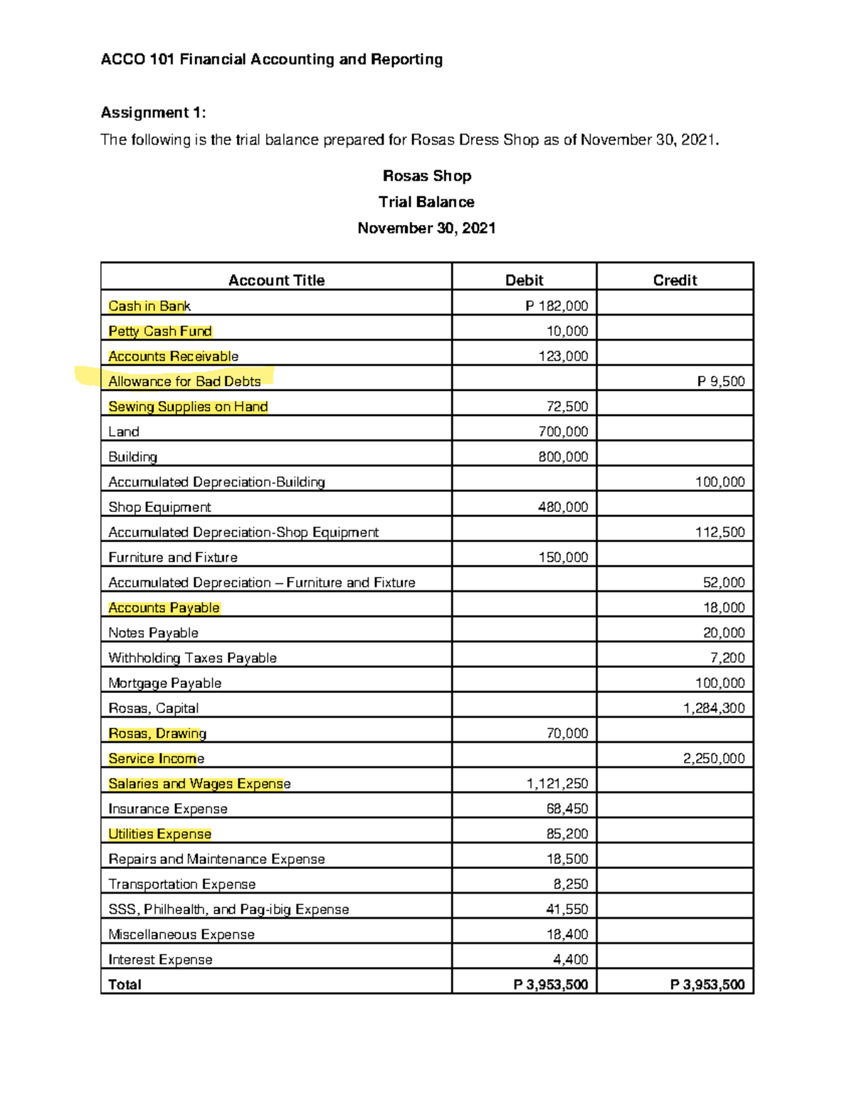 Assignment 1 Accounting Cycle for Service Business - ACCO 101 Financial ...