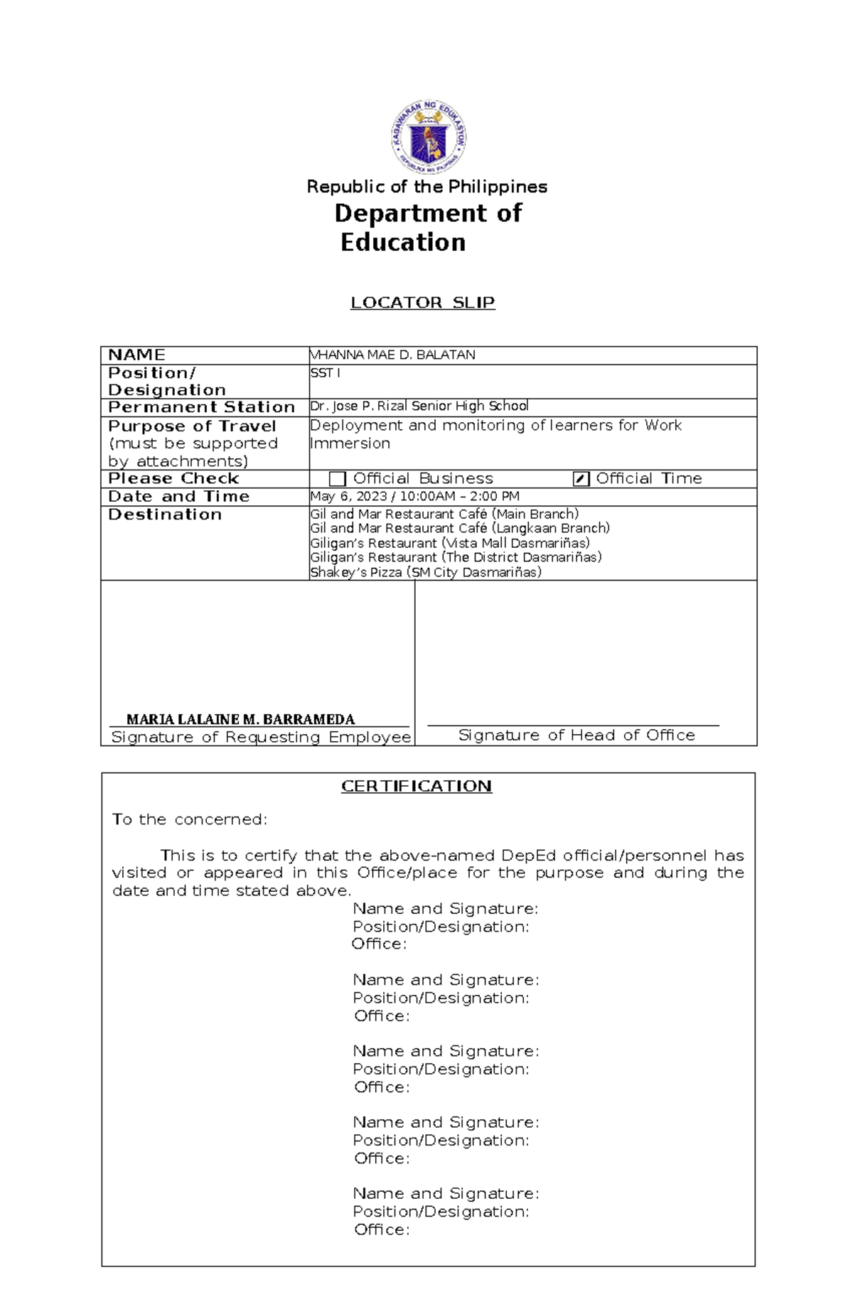 New Locator Slip Form LONG - MARIA LALAINE M. BARRAMEDA Republic of the ...