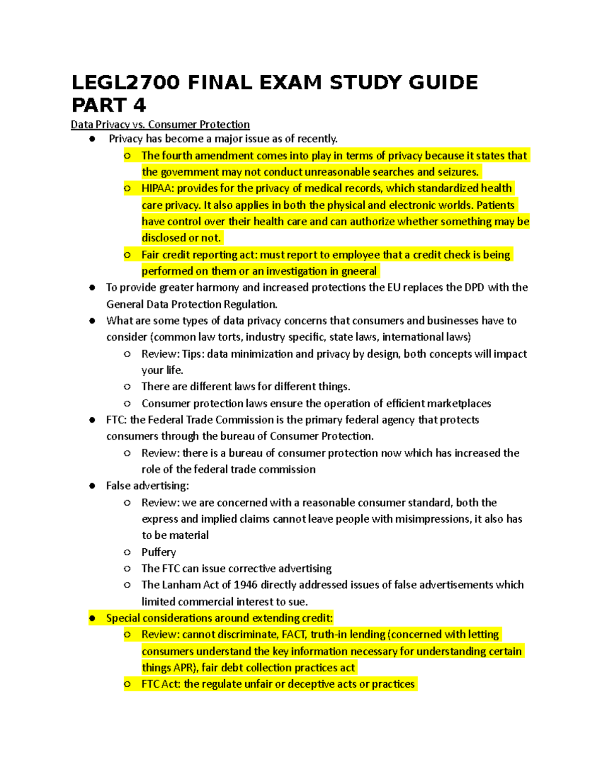 LEGL2700 Final EXAM Study Guide PART 4 - LEGL2700 FINAL EXAM STUDY GUIDE PART 4 Data Privacy vs ...