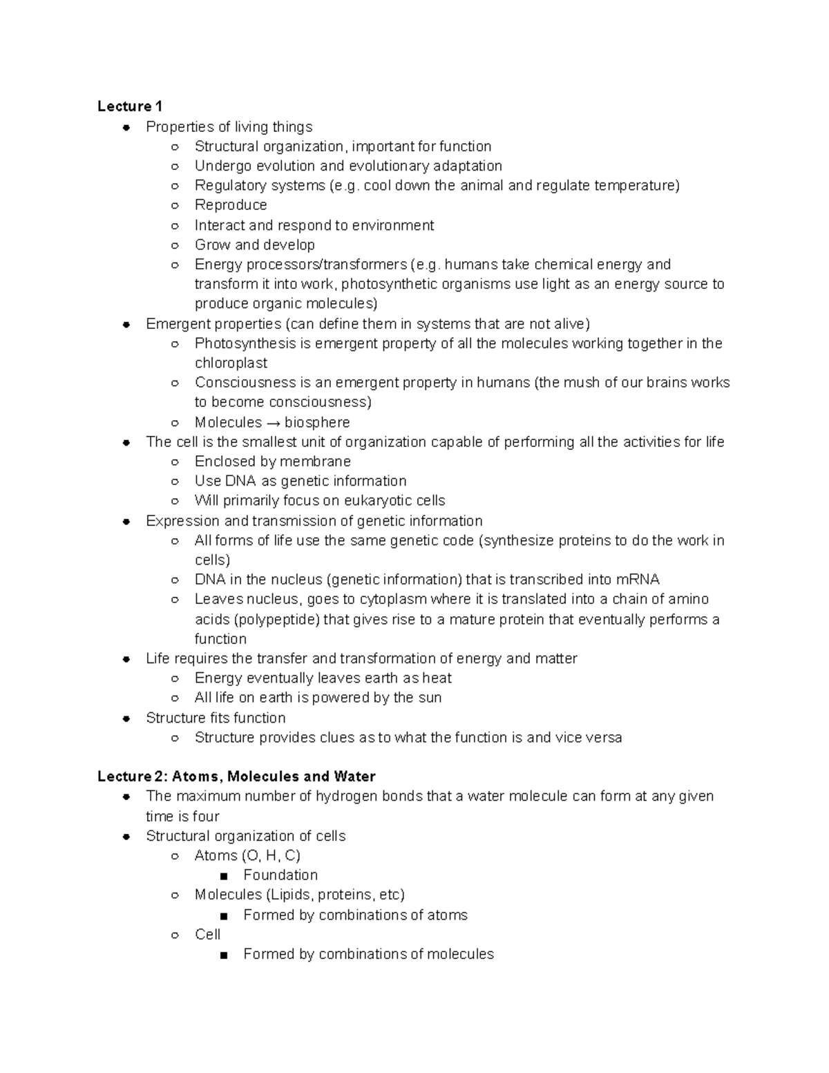 Bio Sci 93 Lecture Notes - Lecture 1 Properties of living things ...