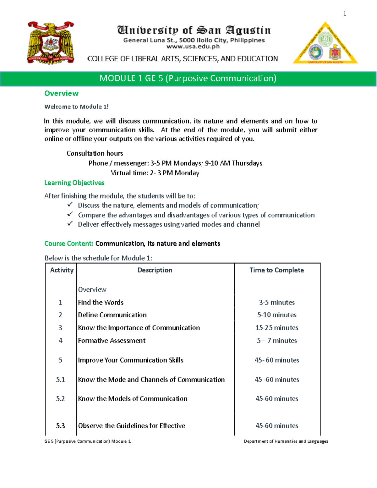 GE 5 Module 1 - Purposive Communication - Overview ####### Welcome to Module 1! In this module ...