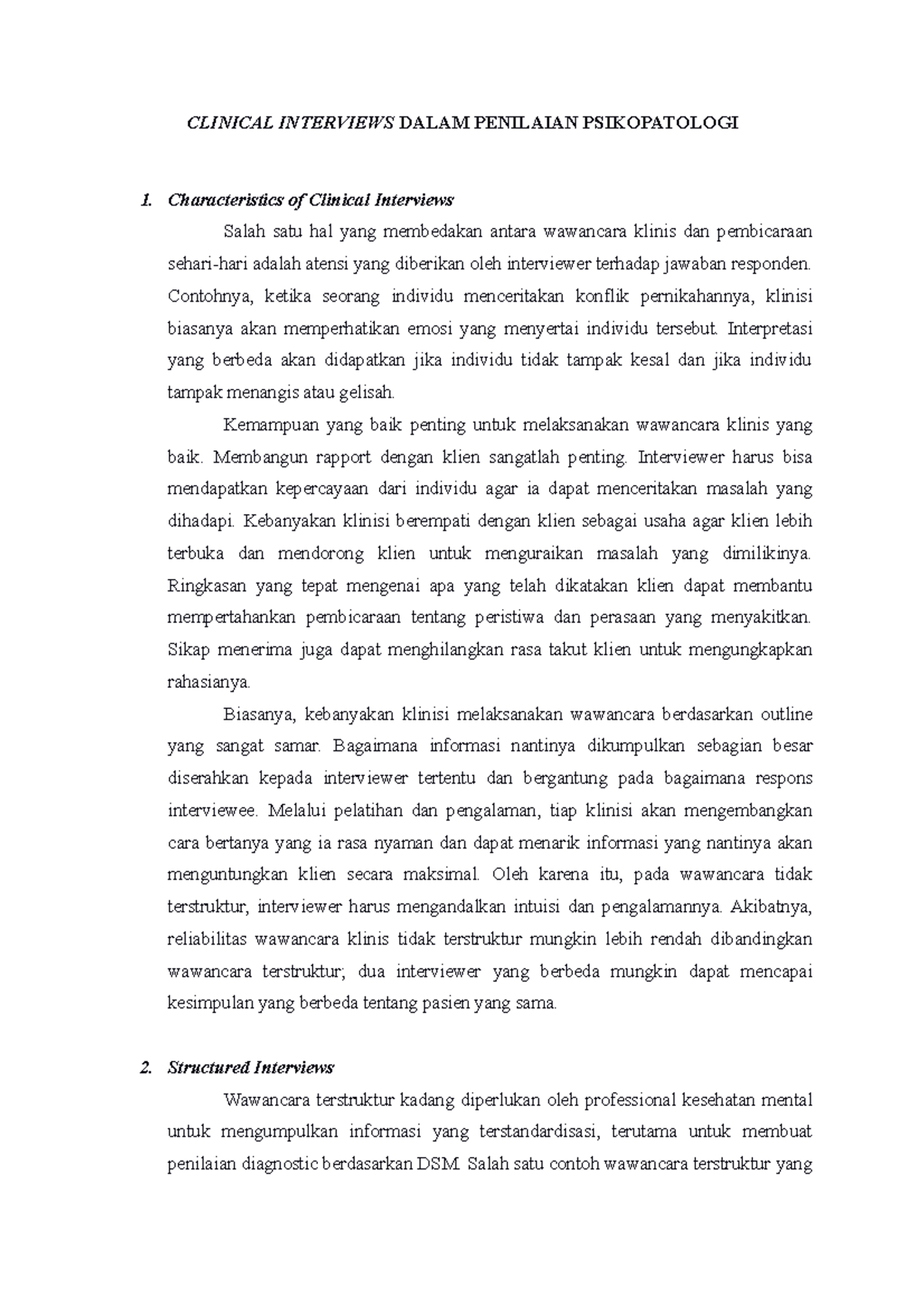 Clinical Interviews dalam penilaian Psikopatologi - CLINICAL INTERVIEWS DALAM PENILAIAN - Studocu