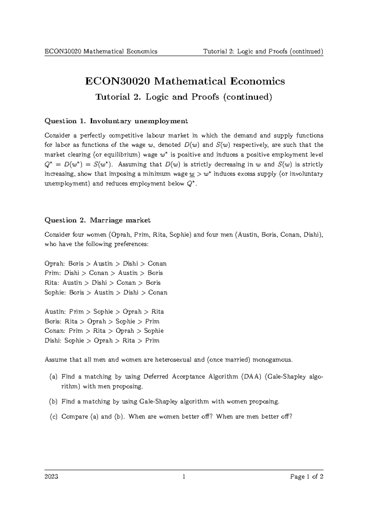 ECON30020-T2-2023 - Lec tut note - ECON30020 Mathematical Economics ...