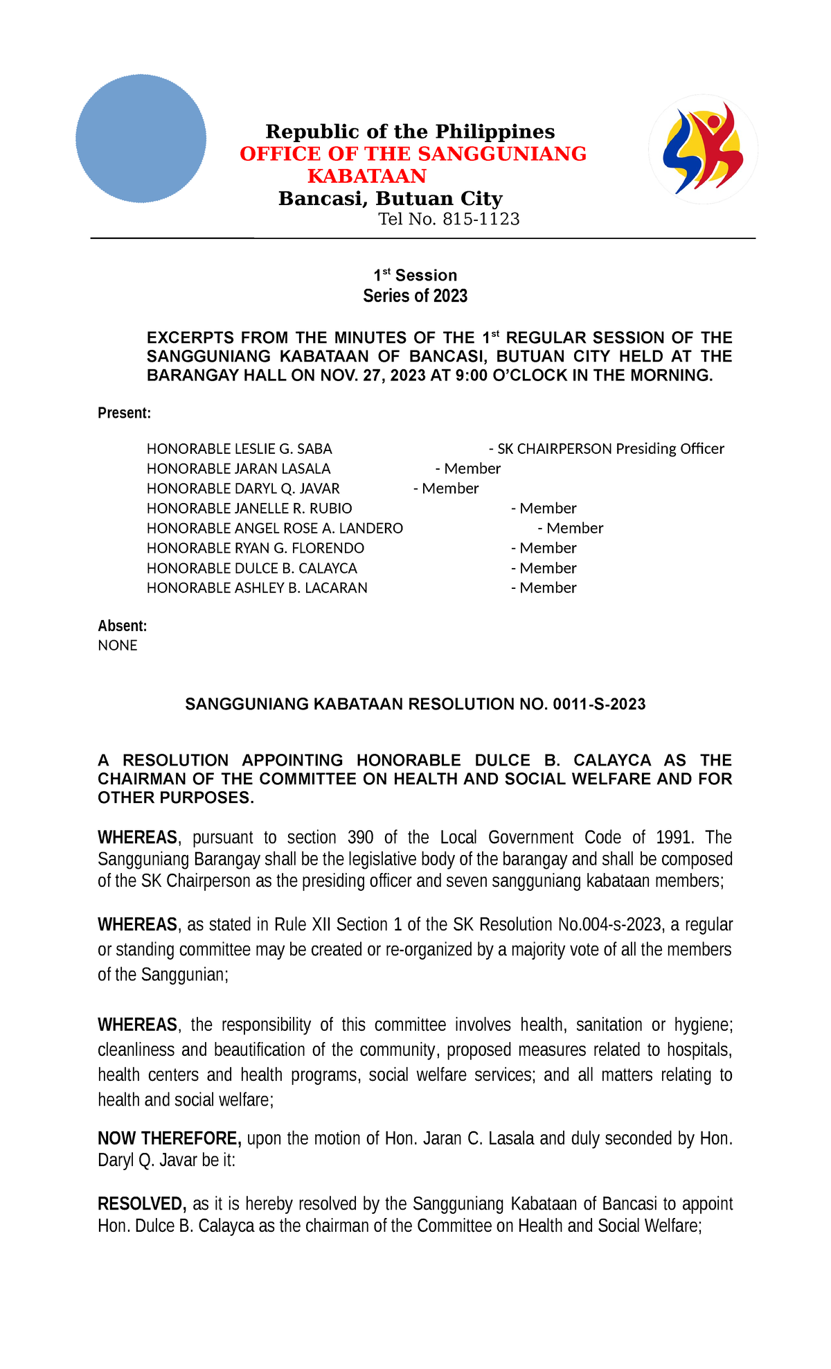 SK- Resolution-NO - Assignment for legal writing - Republic of the ...