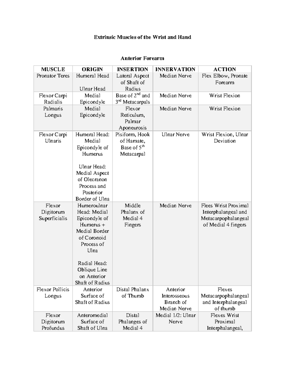 Muscles of the Wrist and Hand - Extrinsic Muscles of the Wrist and Hand ...
