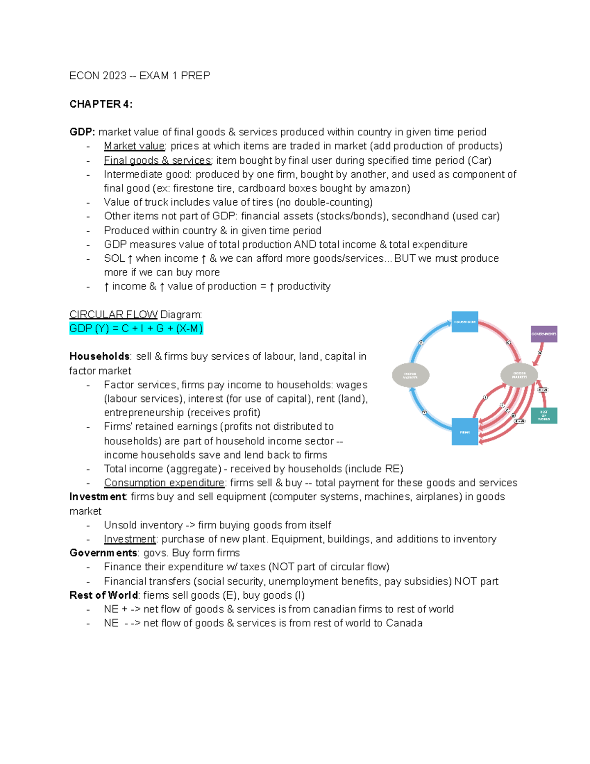 ECON 2023 - EXAM 1 PREP-4 - ECON 2023 - EXAM 1 PREP CHAPTER 4: GDP: market value of final goods ...
