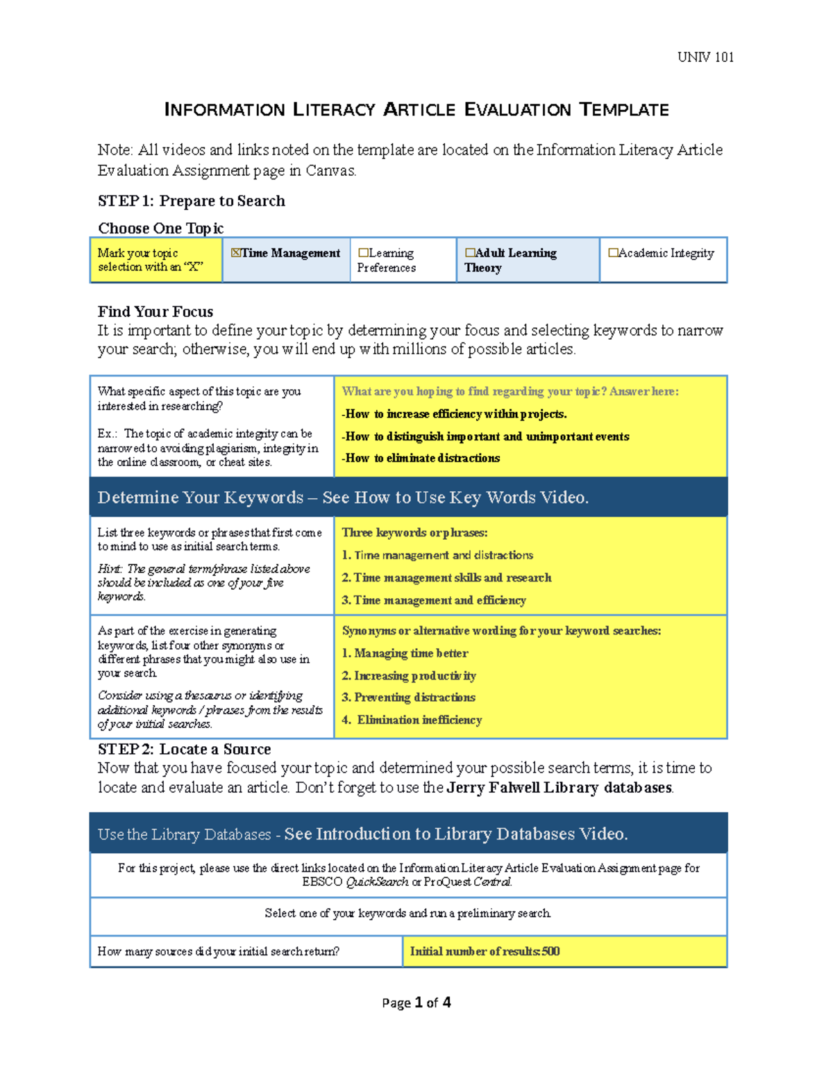 Information Literacy Article Evaluation Template Univ 101 - INFORMATION ...